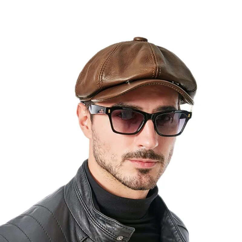 Casquette gavroche homme en cuir véritable marron